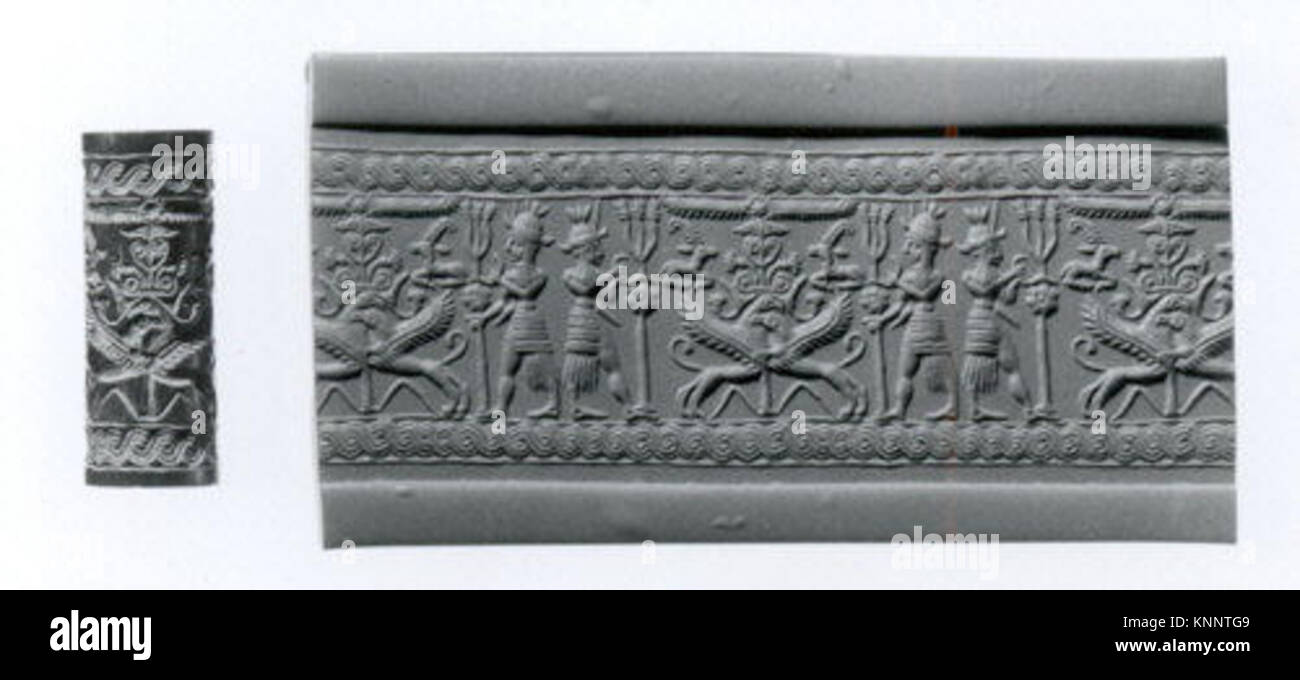 Ancient cylinder seal and modern impression depicting weather gods ...