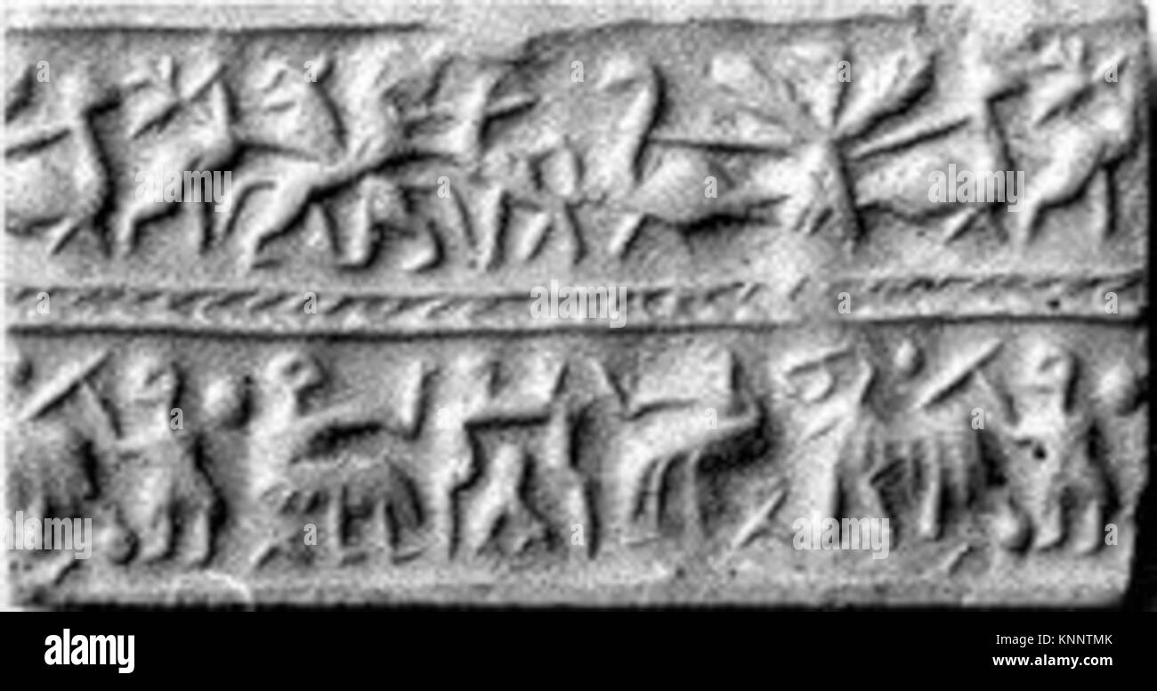 Ancient cylinder seal depicting an animal contest and banquet scene ...