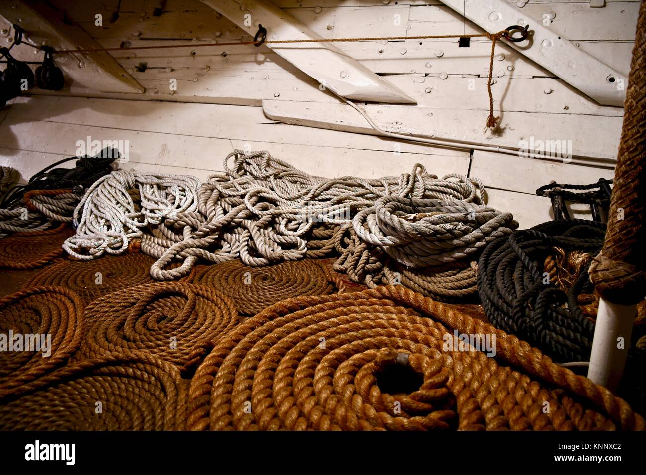 Historic USS Constellation navy ship rope, Baltimore, MD, USA Stock ...