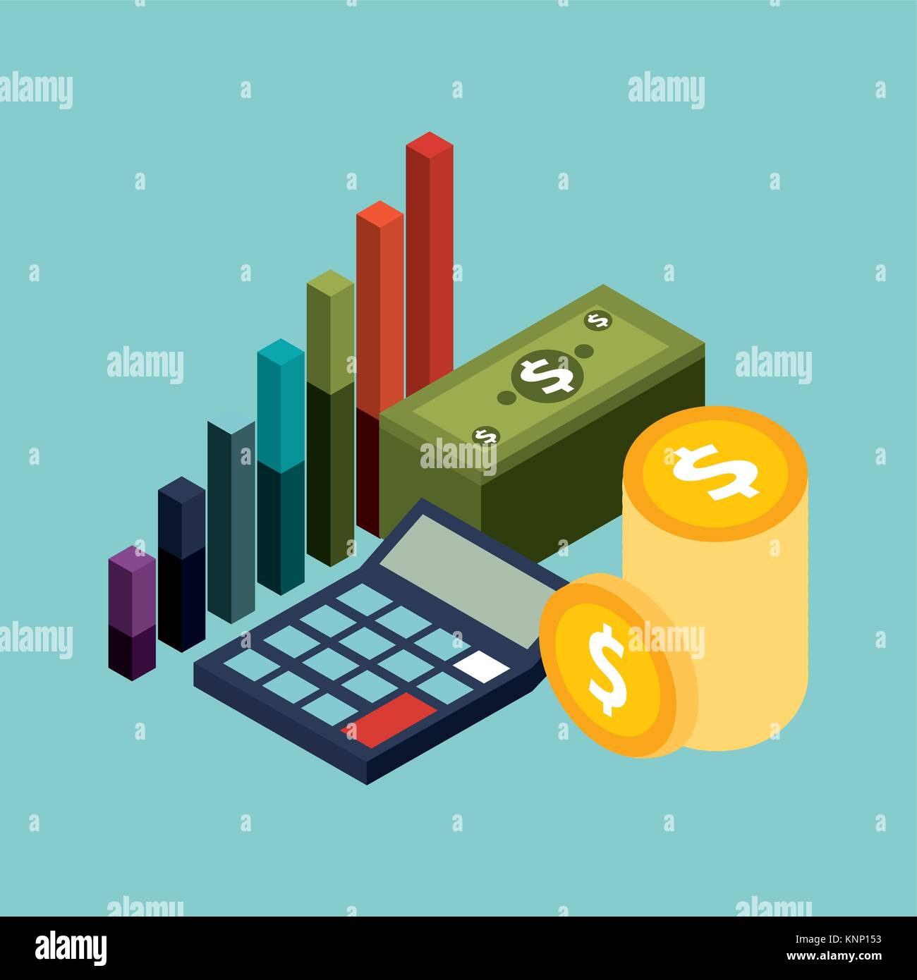 money isometric concept banknote coins calculator and financial graph ...