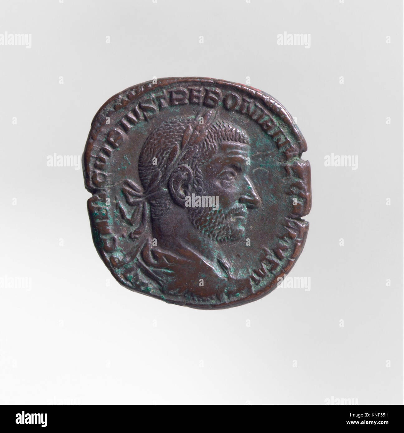 A bronze sestertius coin depicting Roman Emperor Trebonianus Gallus ...