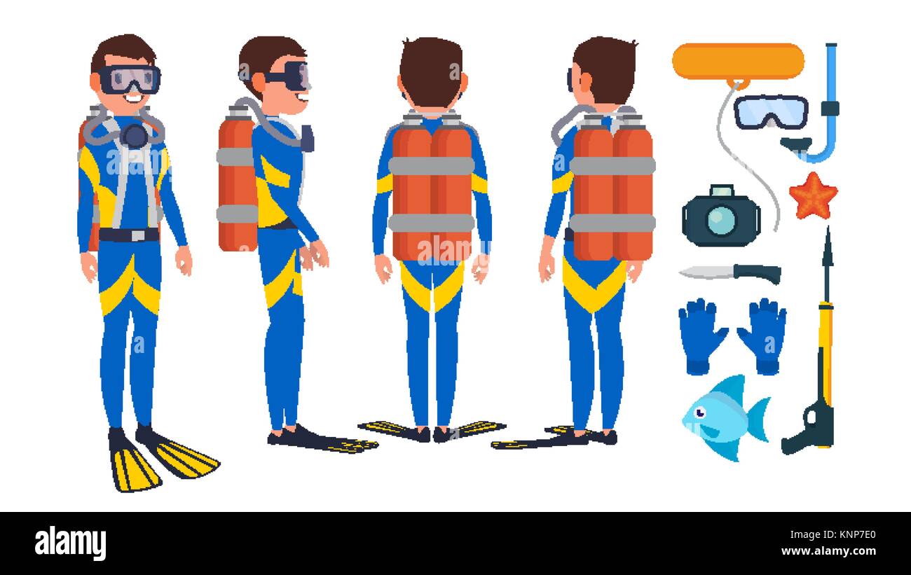 Diver Vector. Underwater. Diving At The Bottom Of The Sea. Flat Cartoon ...