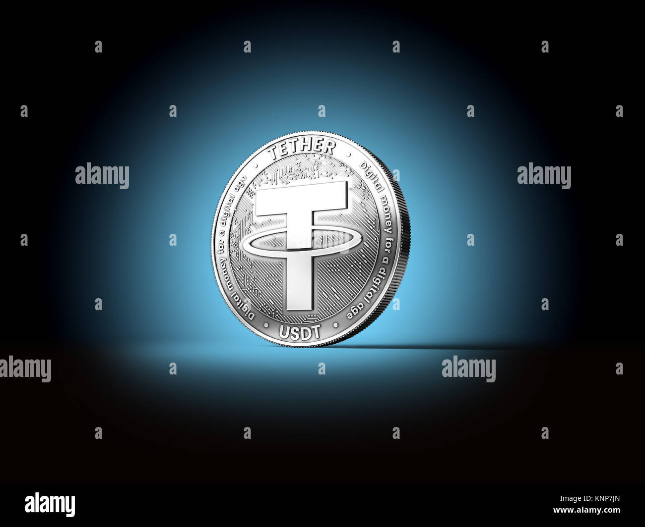 Silver Tether cryptocurrency single coin on dark blue background ...