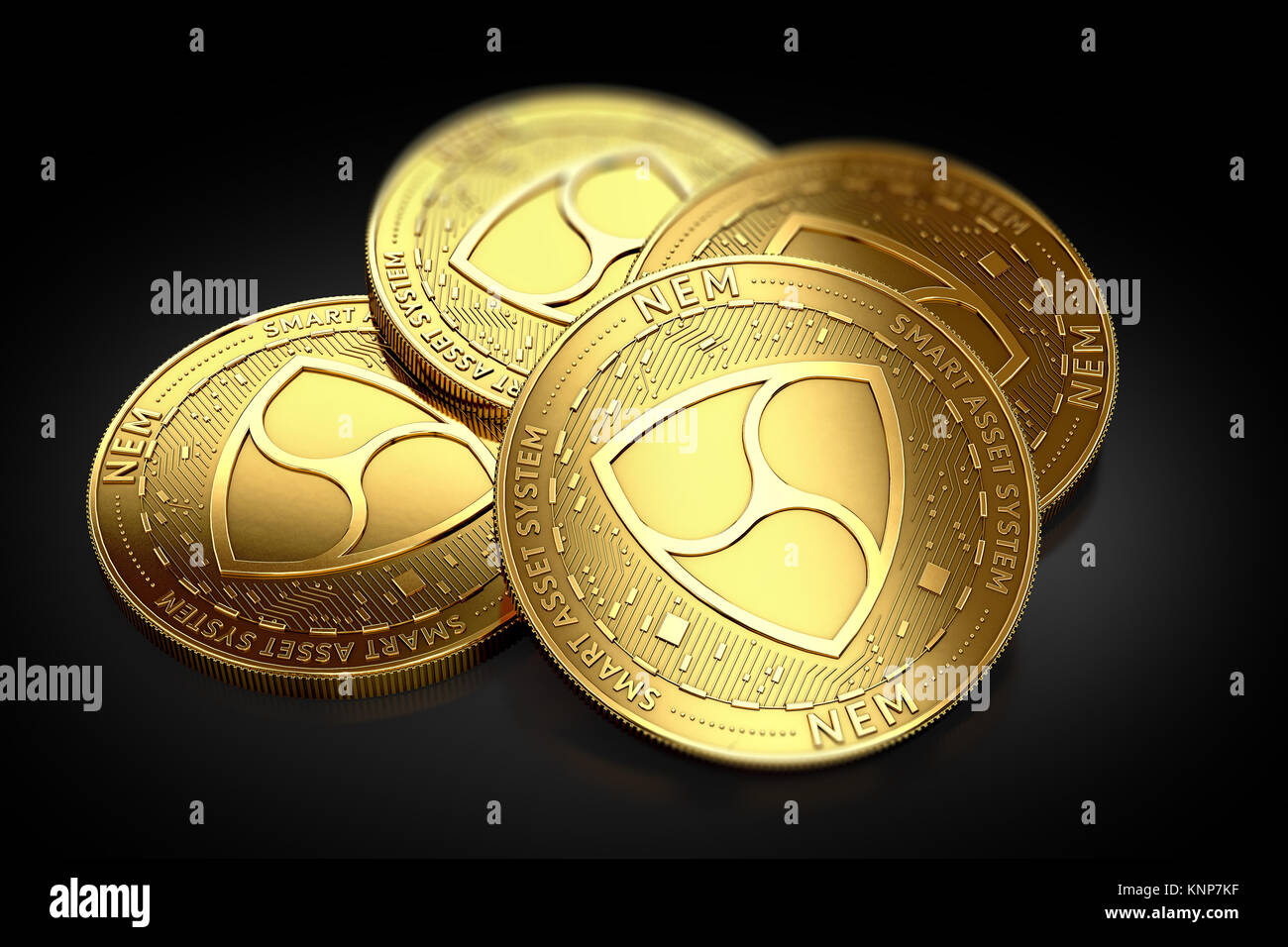 Stack of four golden NEM coins laying on the black background. 3D ...
