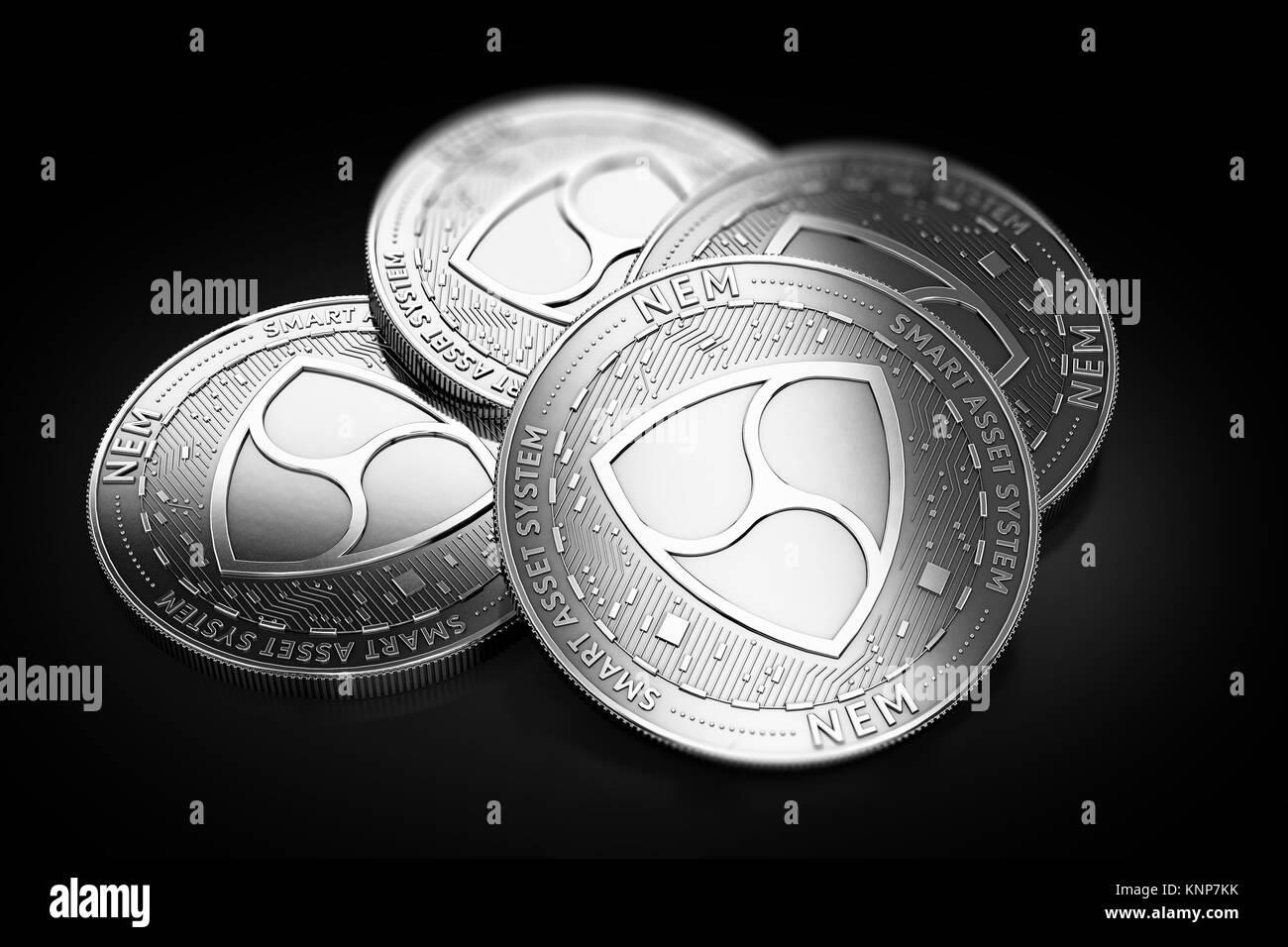 Stack of four silver NEM coins laying on the black background. 3D ...