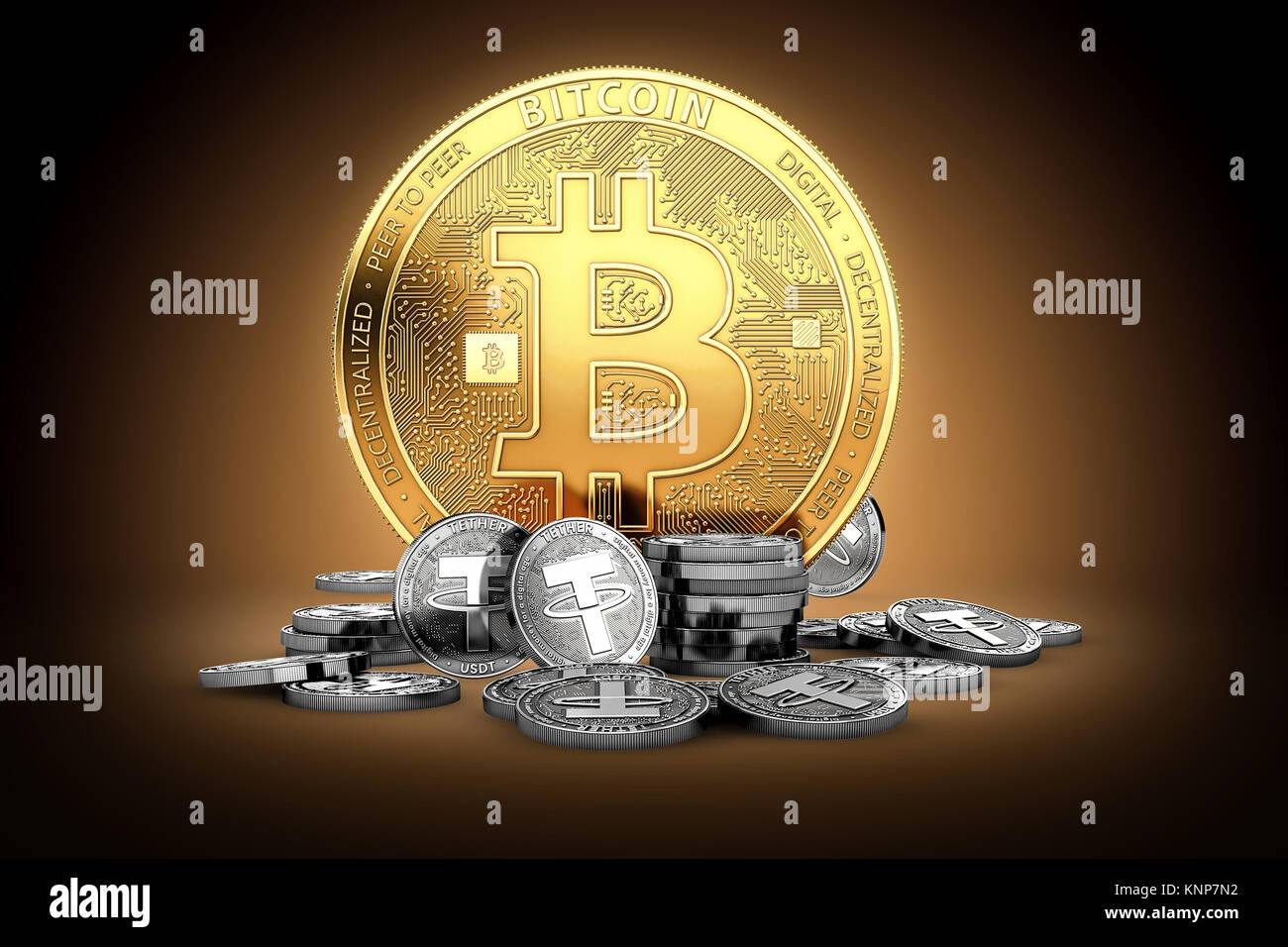 Big golden Bitcoin and small silver Tether coins. Bitcoin dependency on ...