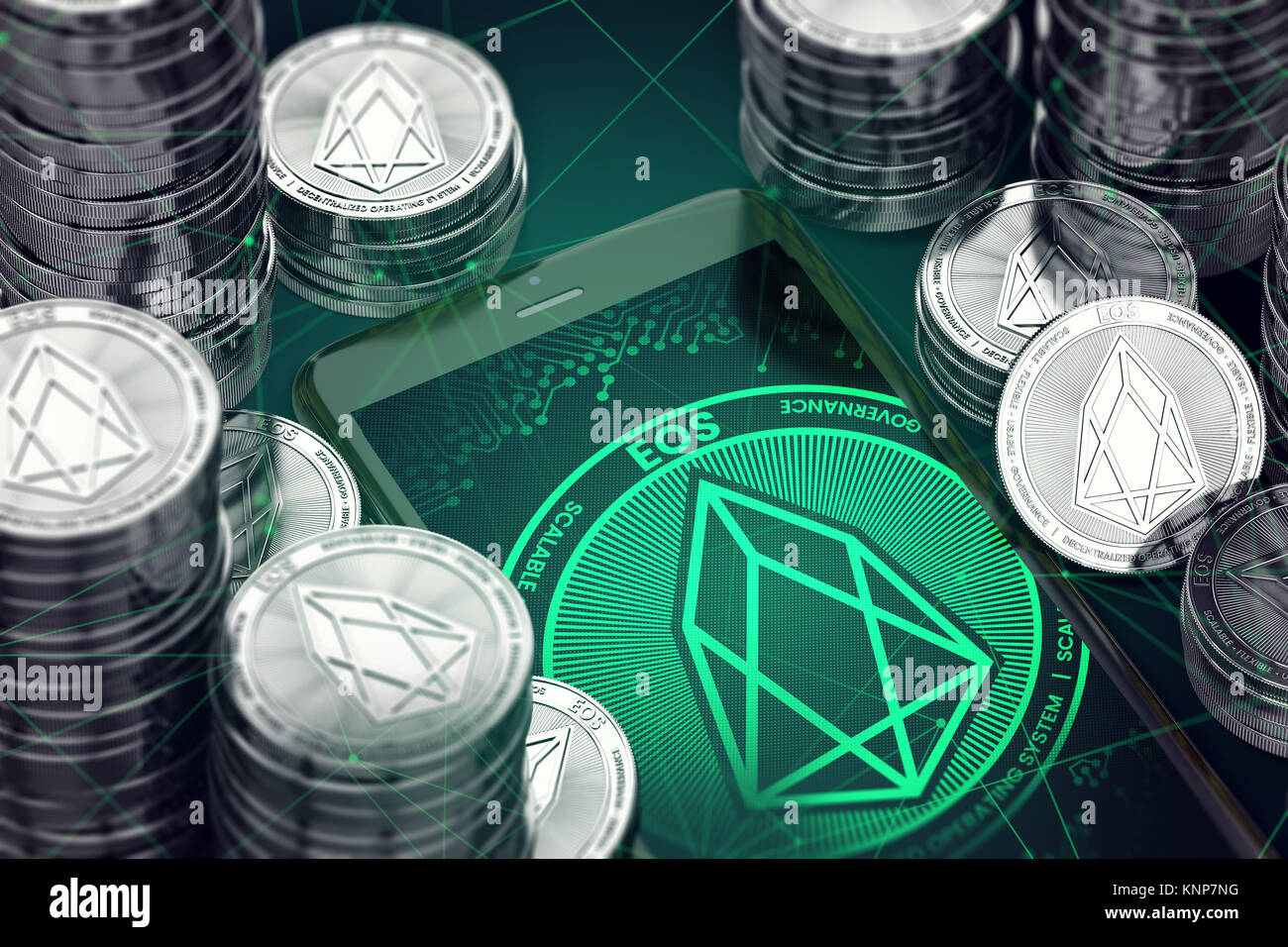 Smartphone with green EOS symbol on-screen among EOS coins.EOS concept ...