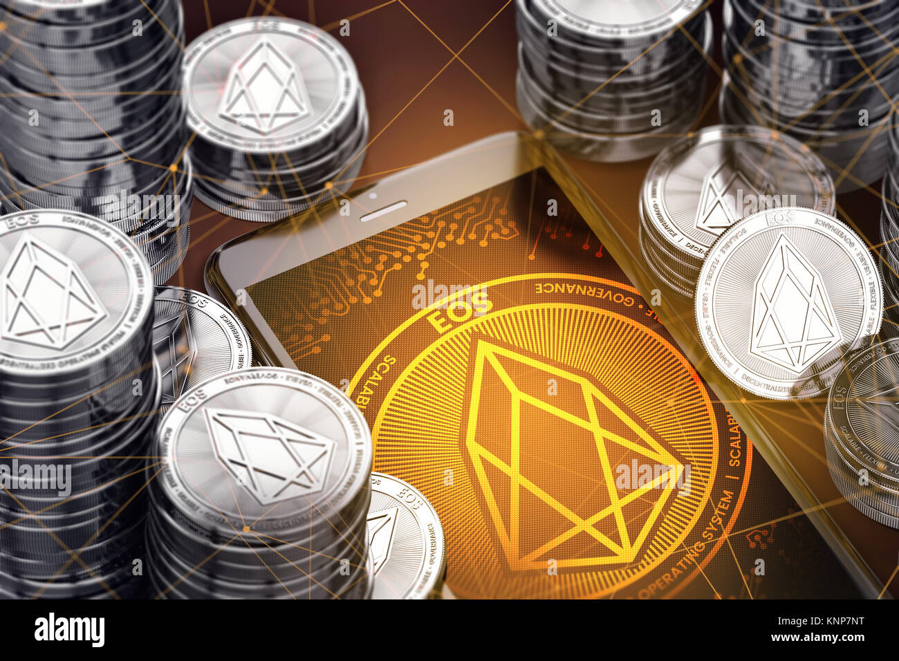Smartphone with orange EOS symbol on-screen among silver EOS coins. EOS ...