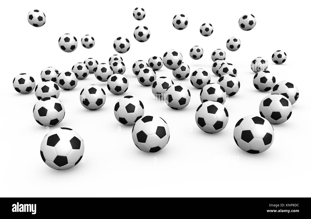A lot of falling football balls over white background. It is a 3D ...