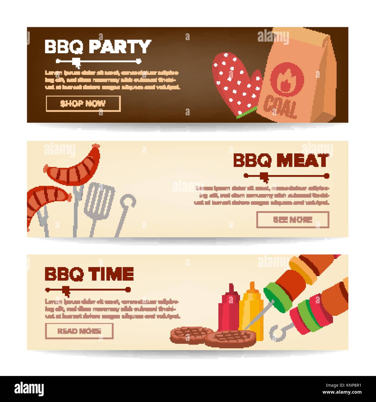 BBQ Horizontal Promo Banners Vector. Barbecue Web Background. Grilled ...
