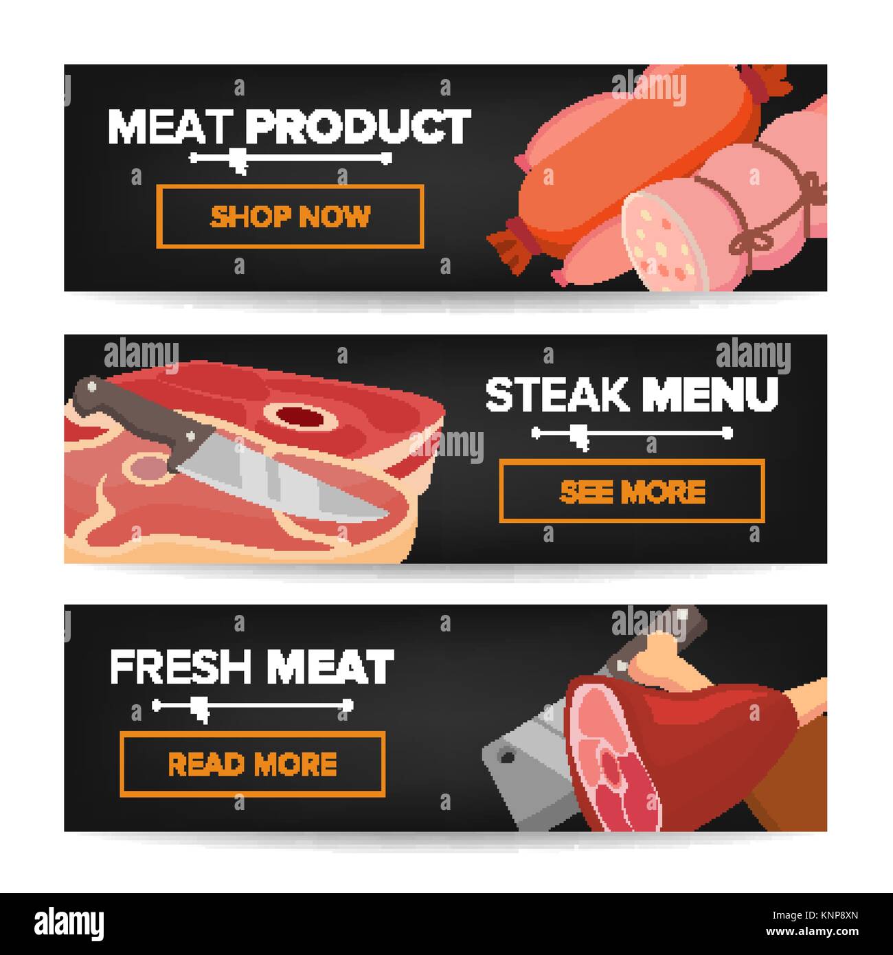 Meat Product Horizontal Promo Banners Vector. Beef And Pork Sausage ...