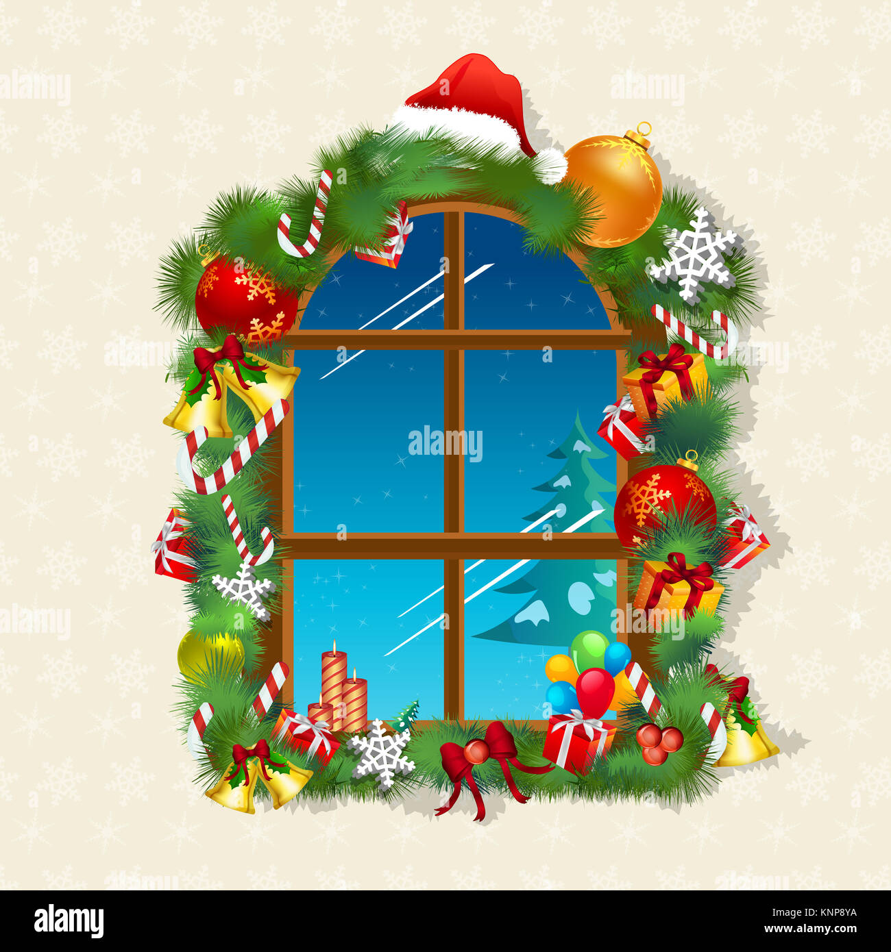 illustration of christmas card with gifts on window Stock Photo - Alamy