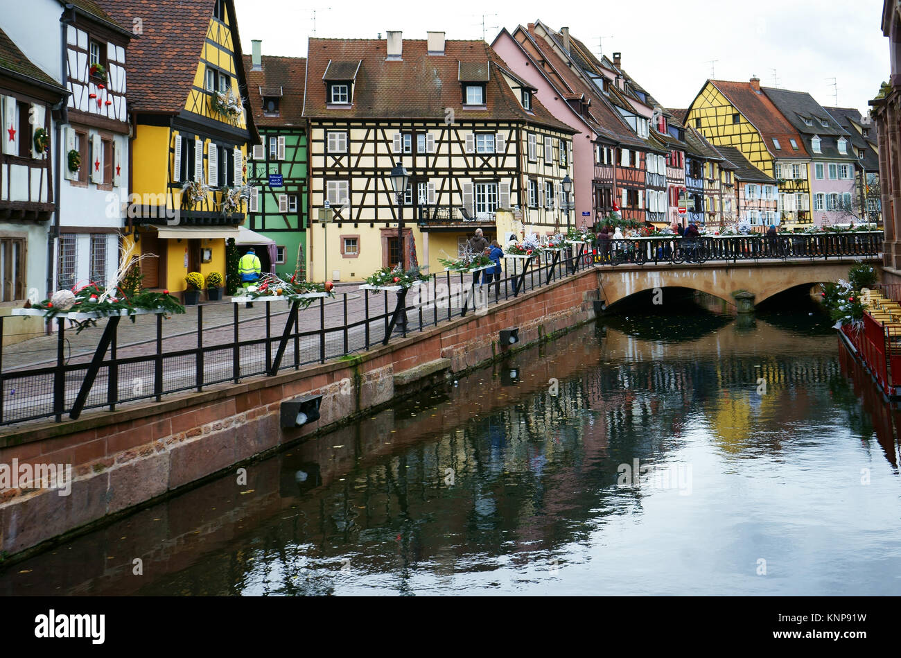 Historic town Colmar along canal and with bridge, Alsace, France Stock ...
