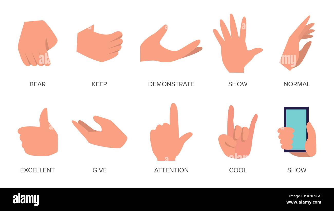 Gestures Set Vector. Hands In Different Emotions. Various Arm Gestures Signs. Flat Cartoon ...