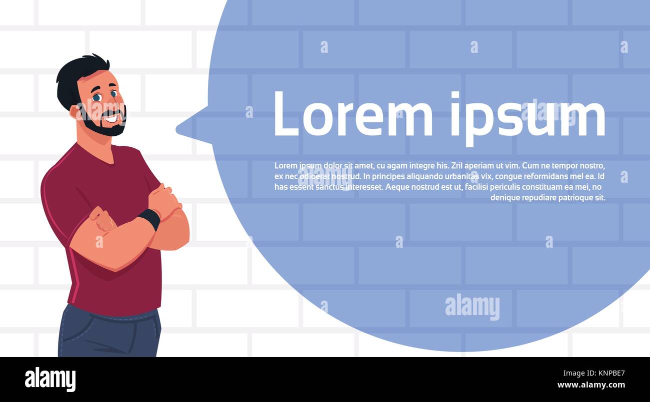 Man Standing Over Big Chat Bubble With Copy Space White Brick Wall ...