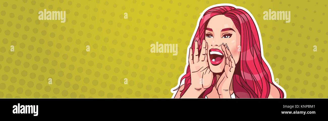 Beautiful Woman Screaming Advertisement Announcement Concept Over Pop ...