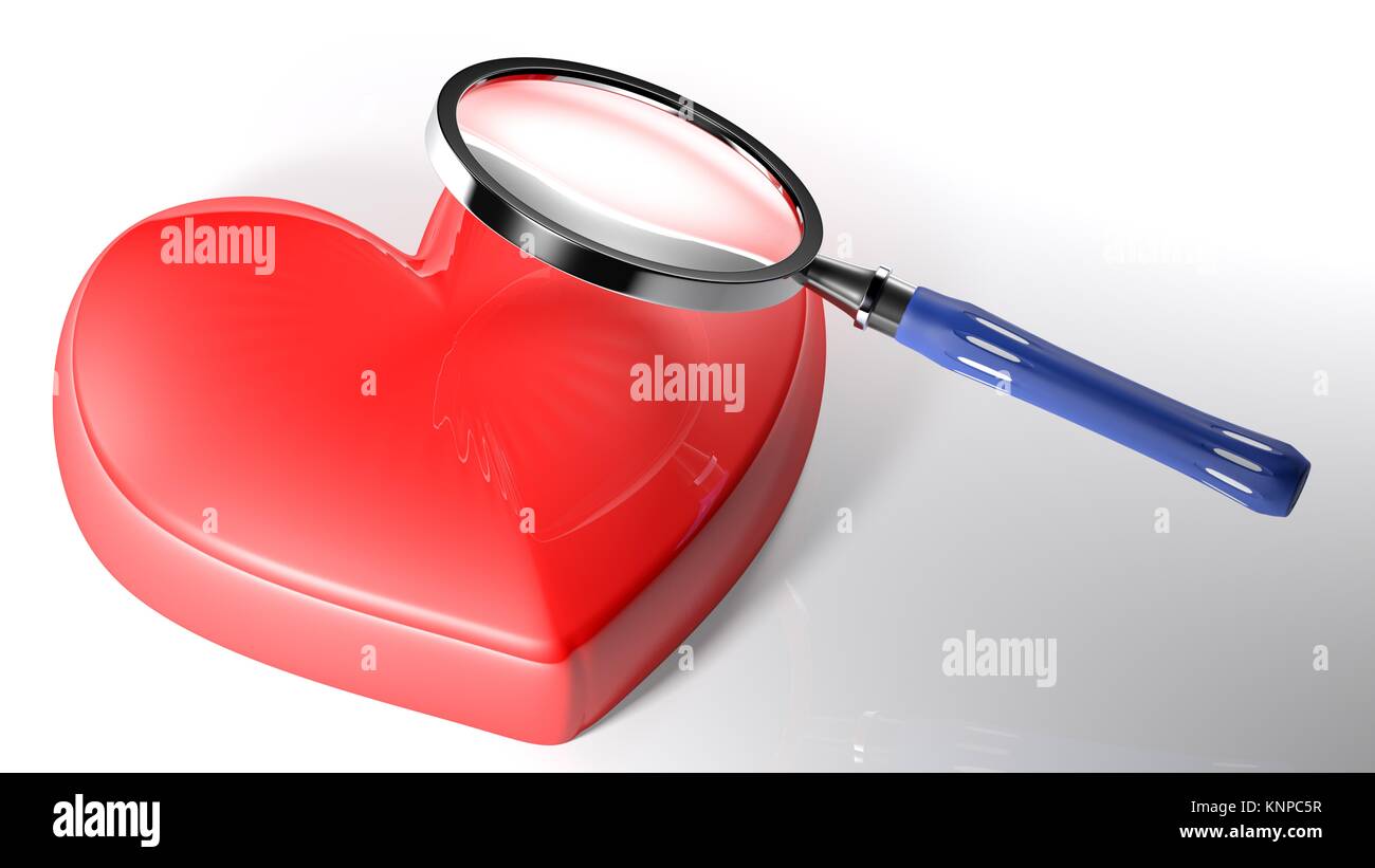 Magnifier on red heart - 3D rendering Stock Photo - Alamy