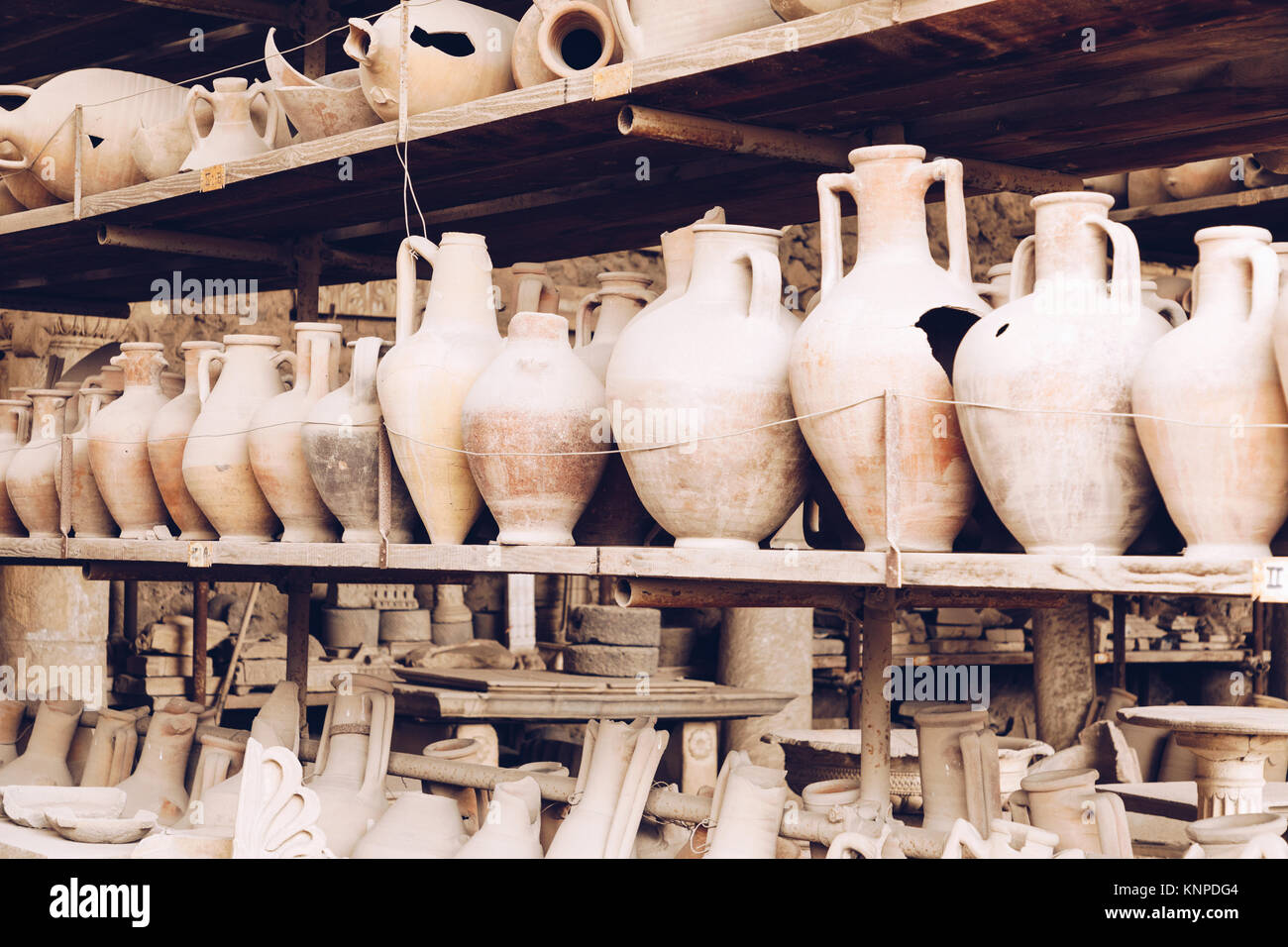 Collection of objects found during excavations in ancient Pompeii ...