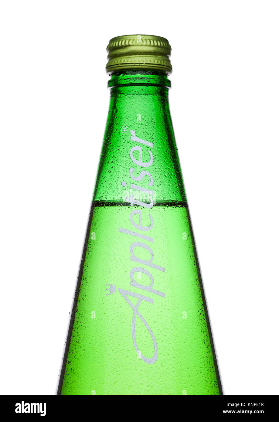 LONDON, UK -DECEMBER 07, 2017: Bottle of Appletiser apple juice gently ...