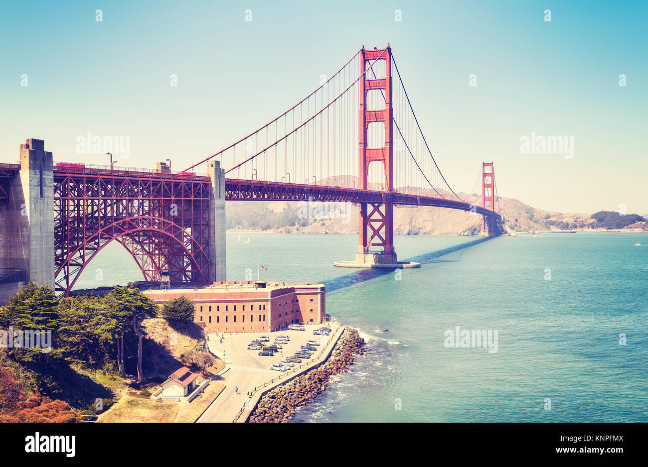 Panoramic picture of the Golden Gate Bridge, color toned image, San ...