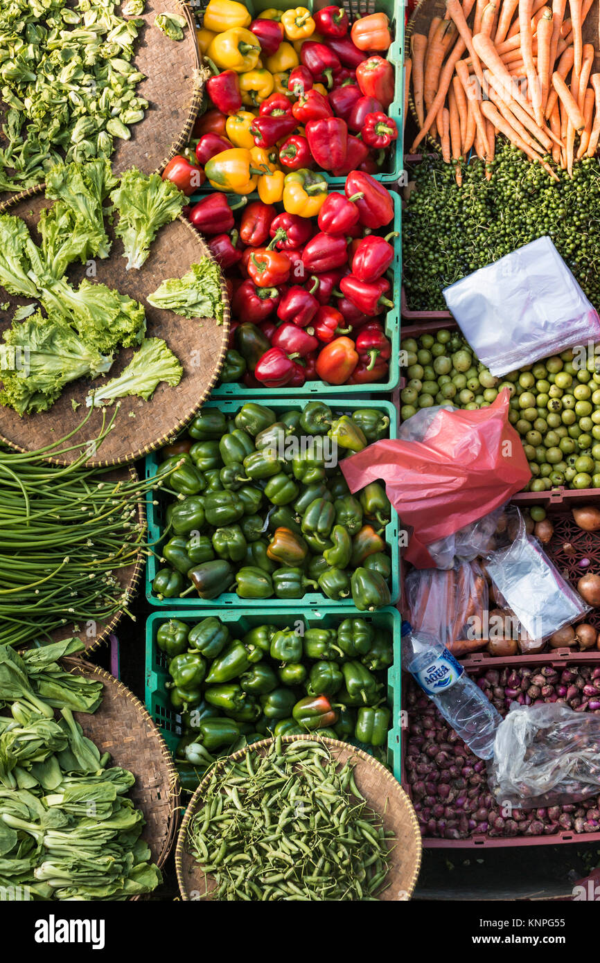 Bird's eye view of fruits and vegetables display in wet market in ...