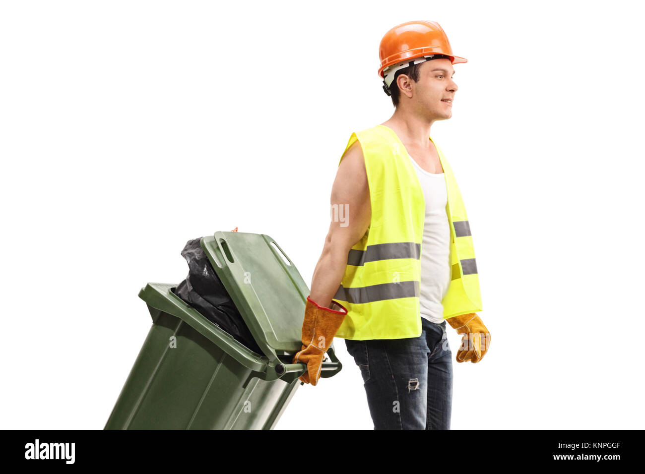Waste collector with a trash can isolated on white background Stock ...
