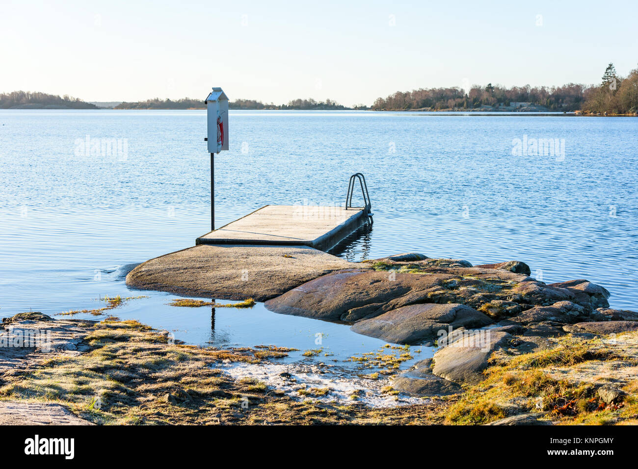 Coastal bathing pier with lifebuoy and bathing ladder on rocky shore in ...