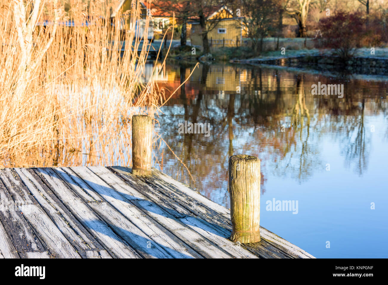 Old and well used bollards on wooden pier. Location Nattraby ...