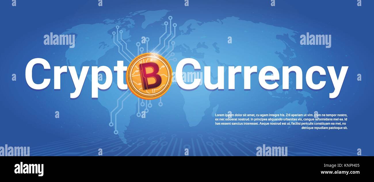 Crypto Currency Horizontal Banner Golden Bitcoin Over World Map Background Digital Web Money ...