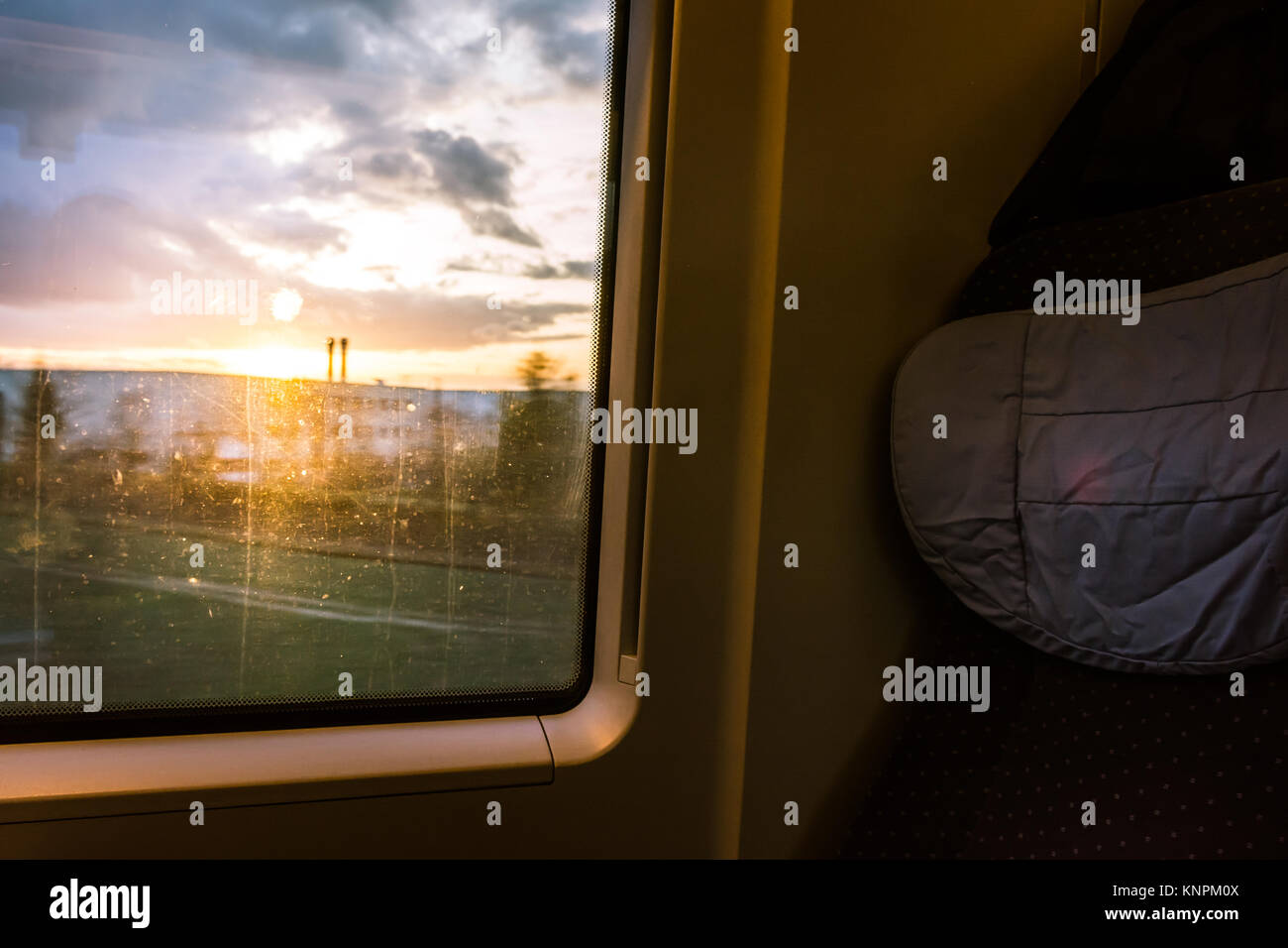 Sunset Through Train Window Passenger Seat Farmland Outdoors Stock ...