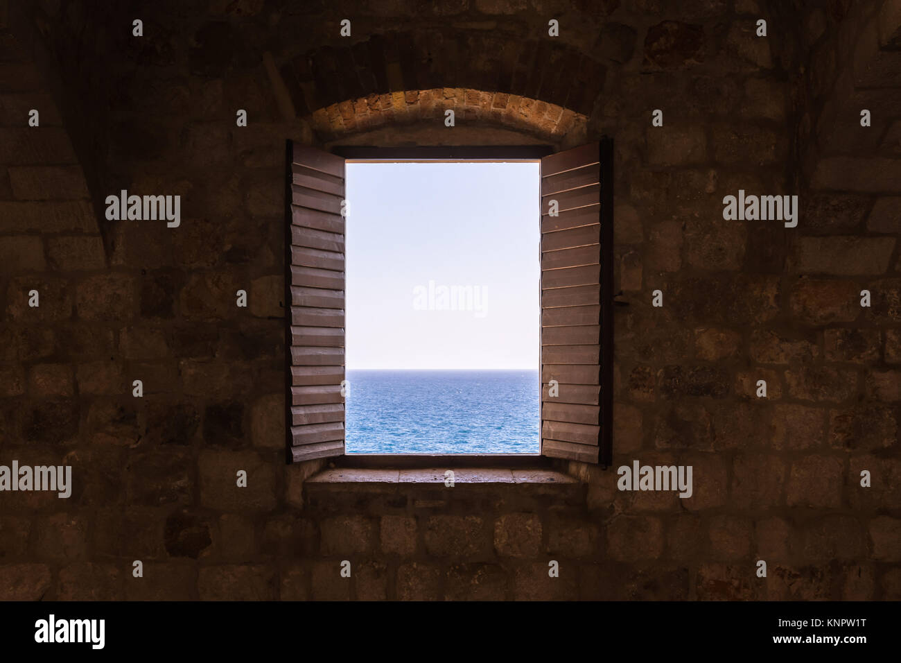 Old Vintage Window Open Shutters Looking Out at Ocean Castle Fortress ...