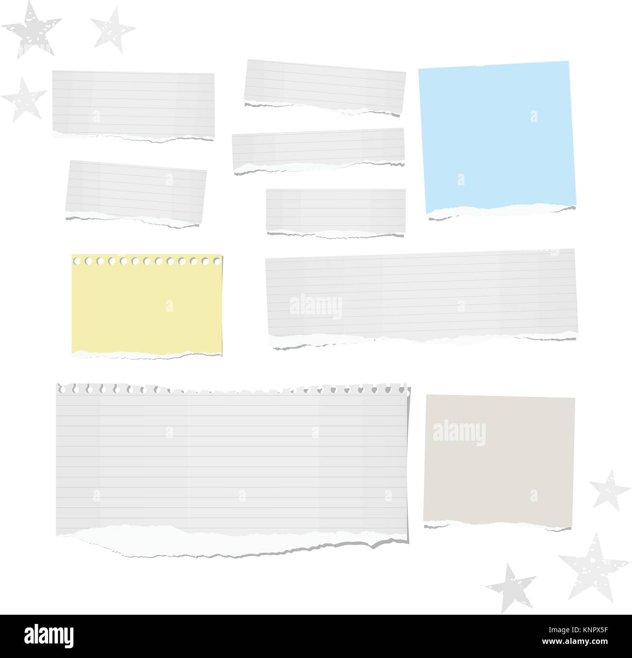 White, colorful ripped lined and blank note, notebook paper strips ...