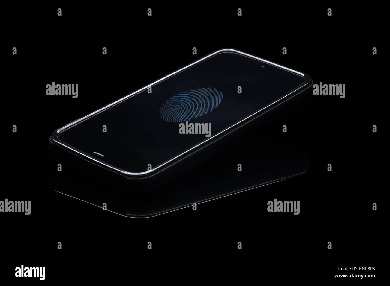 Fingerprint identification on cellphone. Smartphone isolated on blak ...