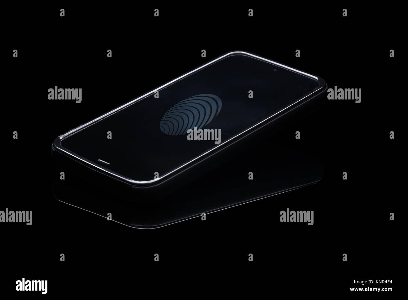 Fingerprint identification on cellphone. Smartphone isolated on blak ...