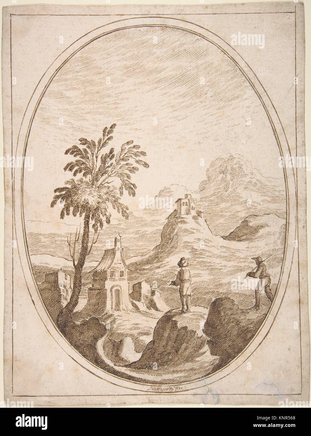 Vertical Oval Vignette of a Mountainous Landscape with Two Shepherds in ...