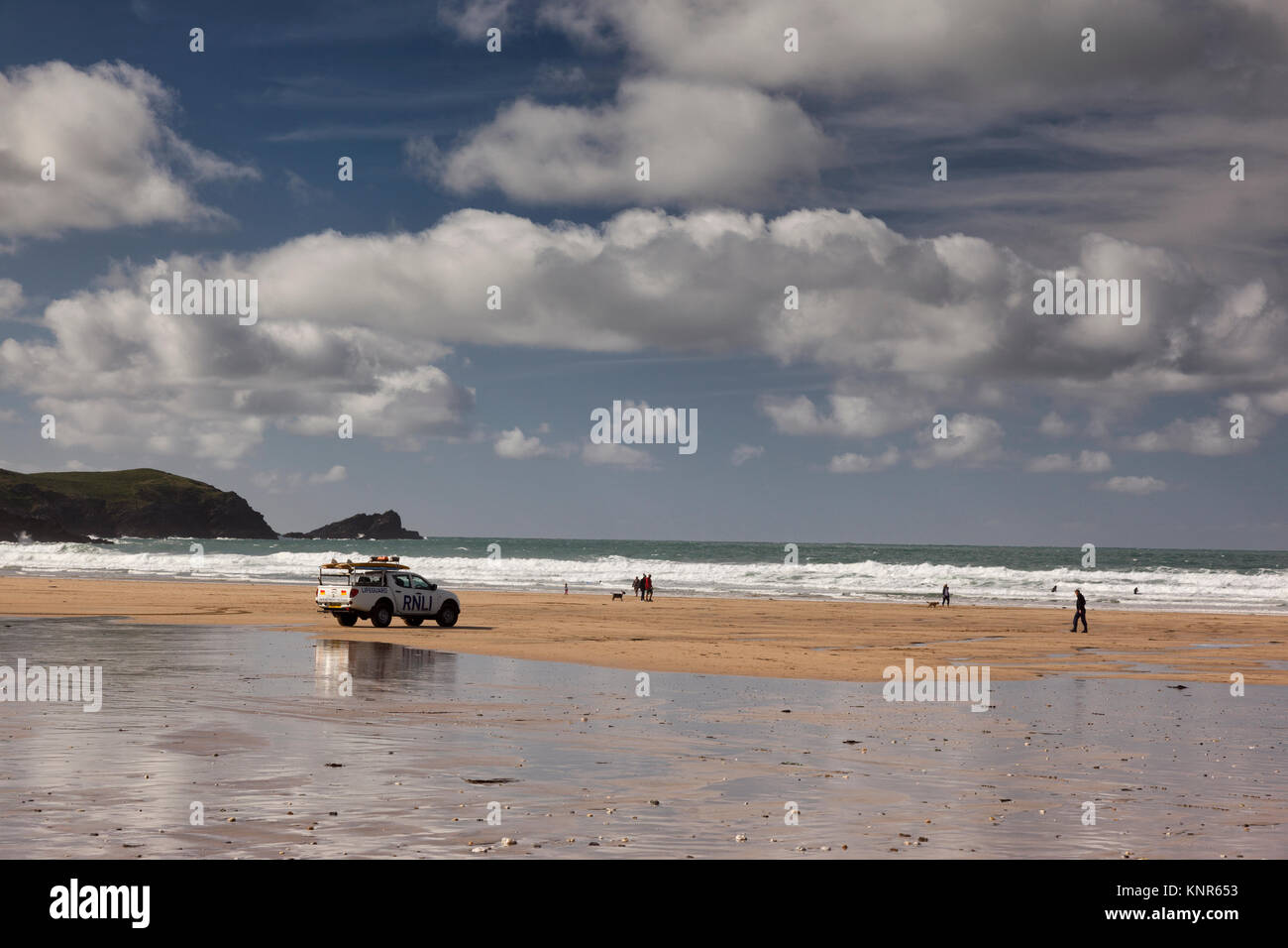 RNLI truck on Fistral Beach in Newquay, Cornwall Stock Photo - Alamy