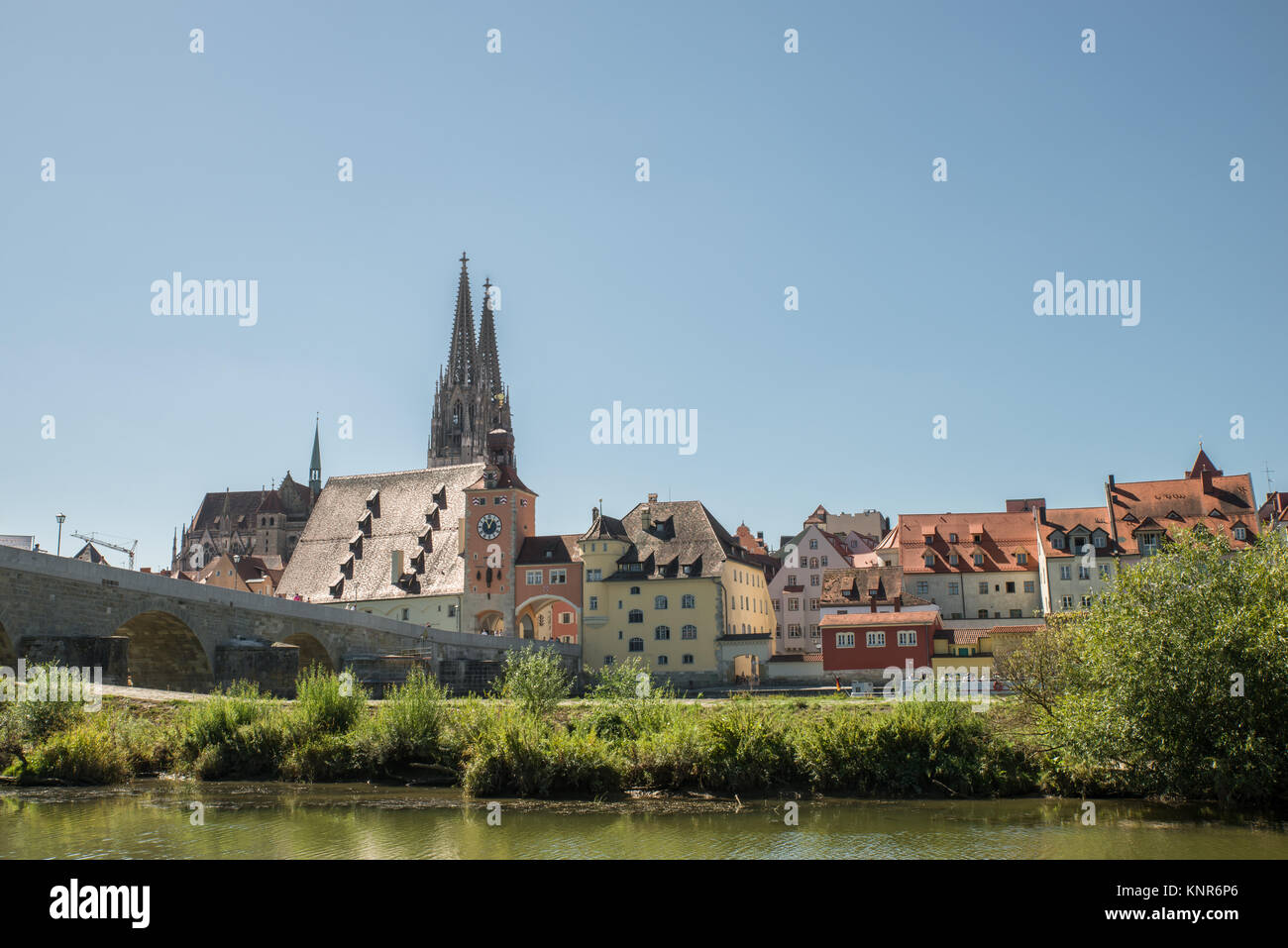 Regensburg with view to the Cathedral and stone bridge, Germany Stock ...