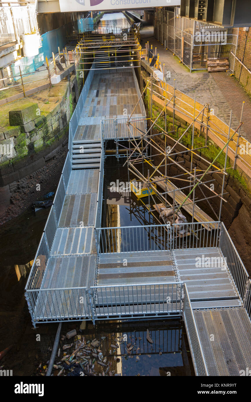 Temporary walkway built above the drained Rochdale Canal, for a public ...