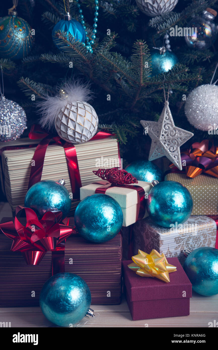 A bright Christmas morning in the living room with a decorated fir tree ...