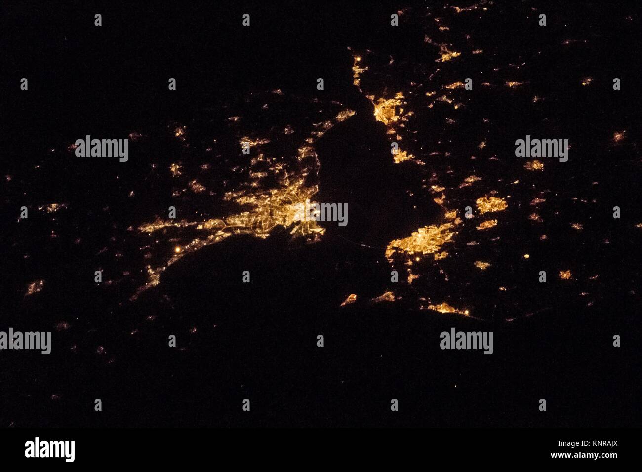 Nighttime view of Copenhagen Denmark seen from the International Space ...