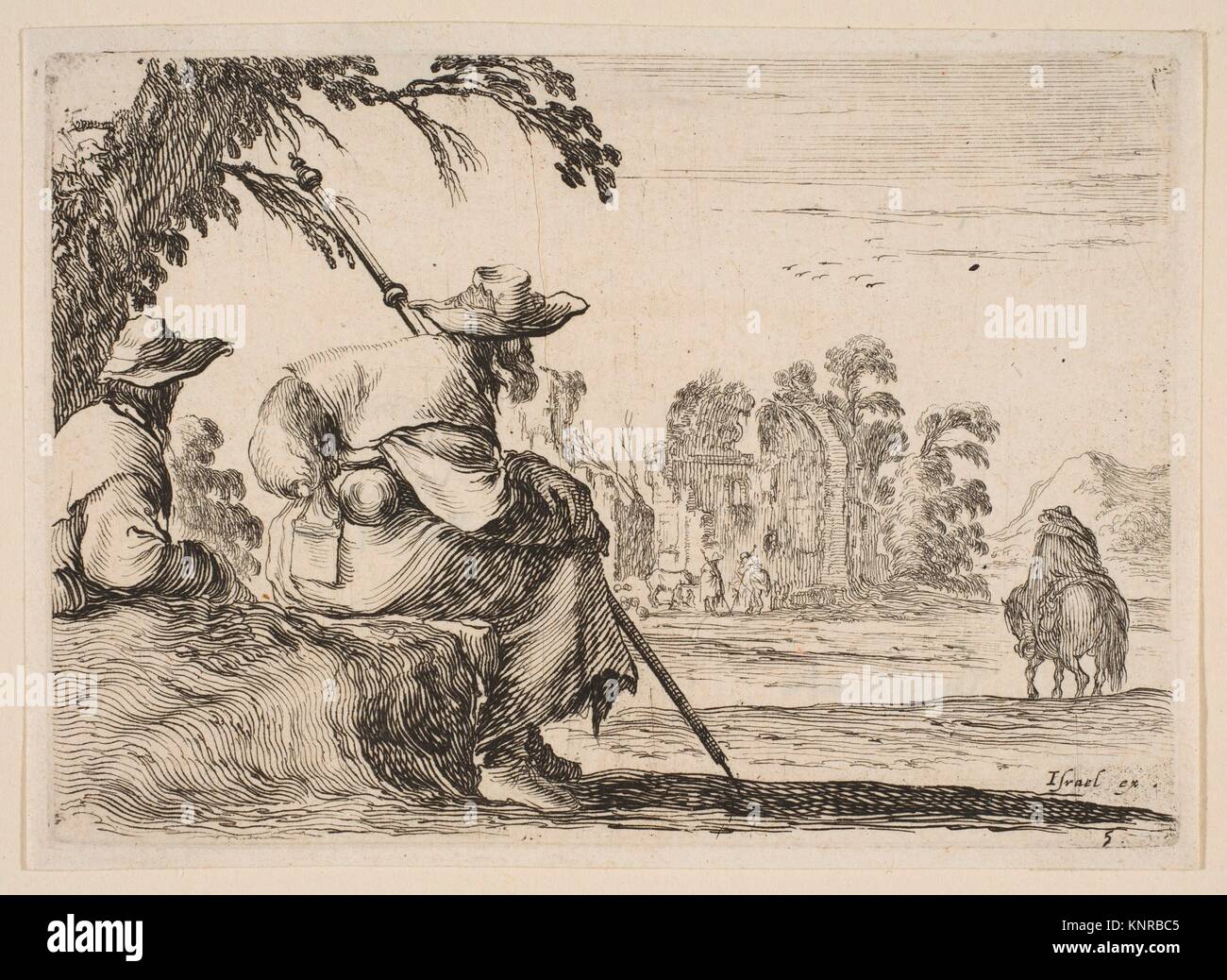 Plate 5: two pilgrims with hats rest to the left, seen from behind, a ...