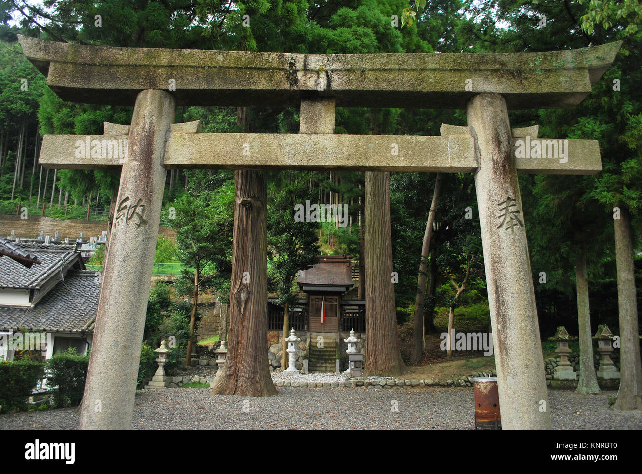 Majestic torii gate leading to small shrine altar. Taken in Nara, Japan ...
