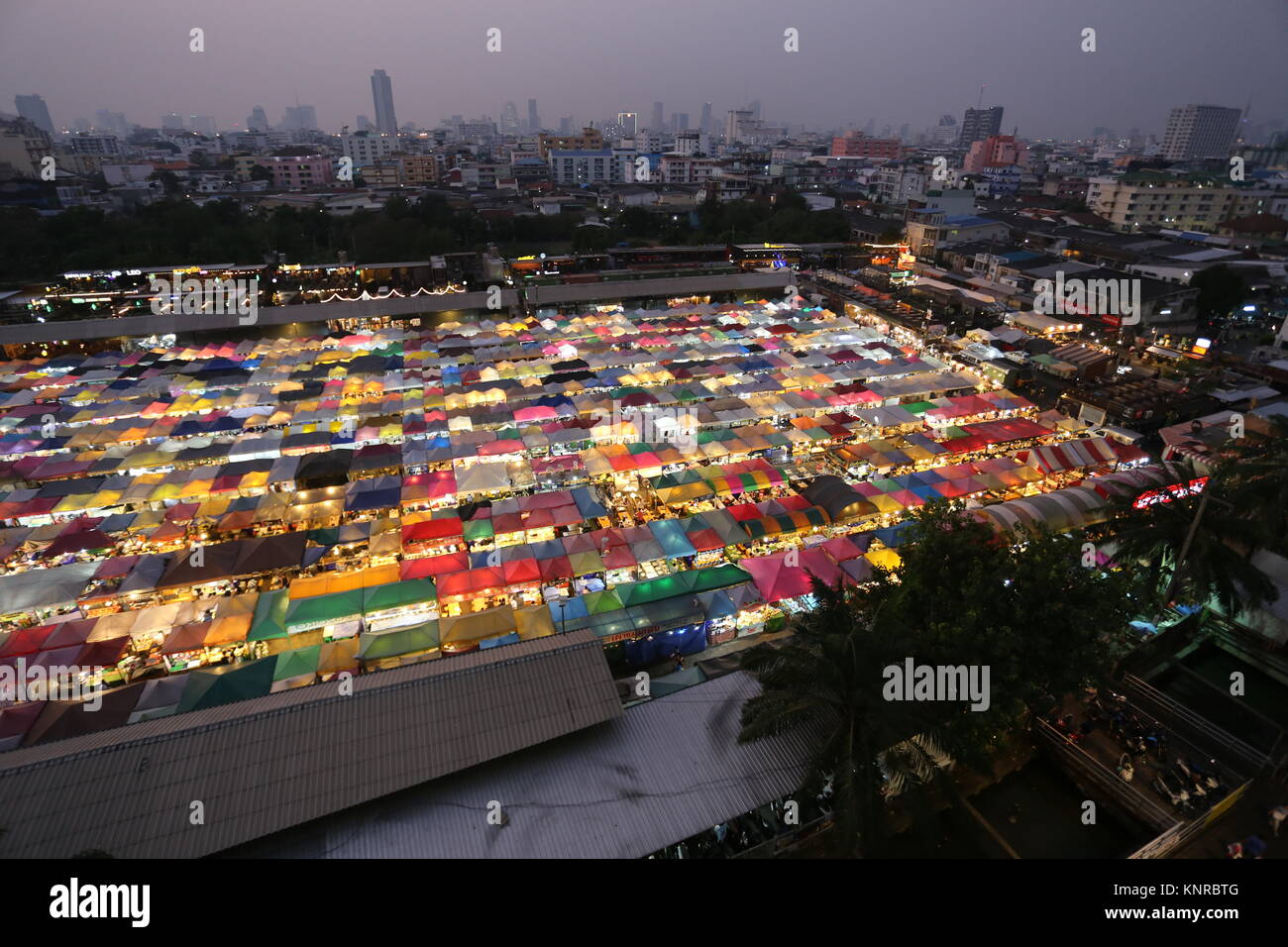 A view of the Rot Fai Market Stalls from above set out in a grid ...