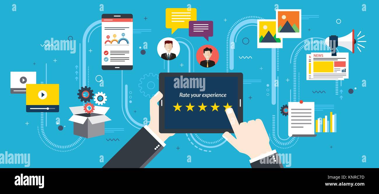 Rating system on tablet screen with stars. Feedback and qualification ...