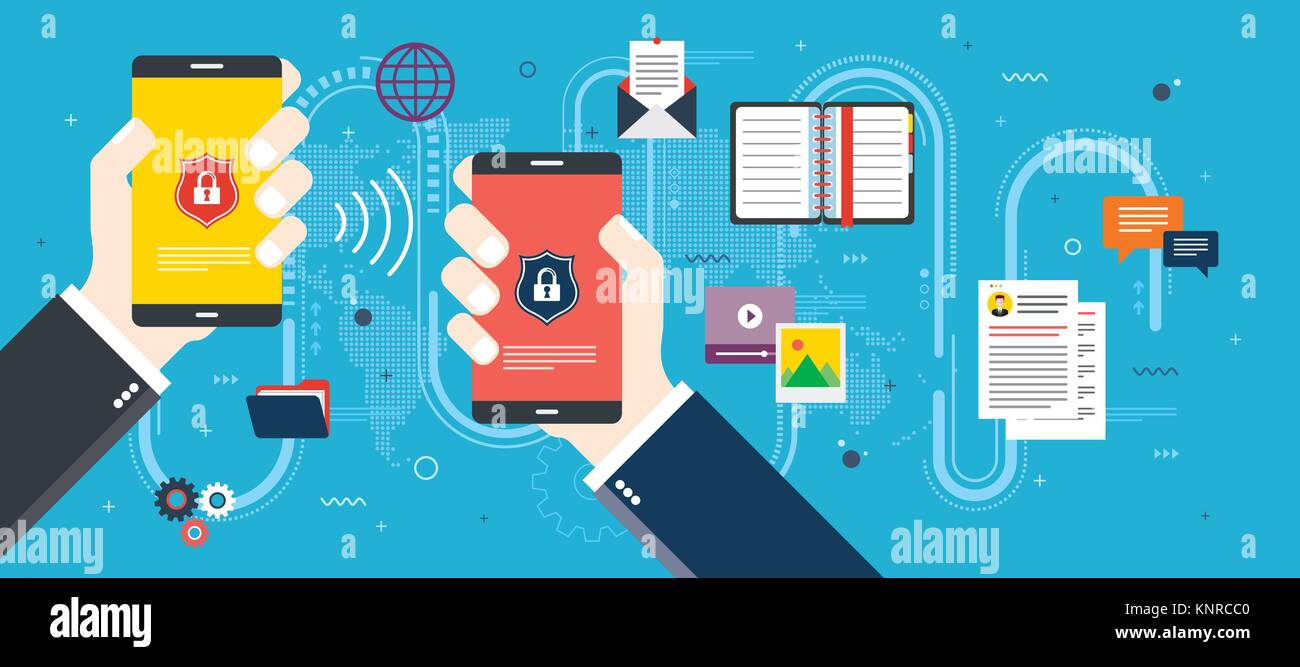 Hands holding smart phone with invasion protection and access to ...