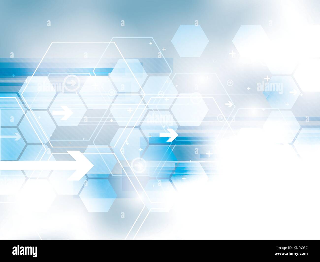 Blue blurred abstract background. Hexagons desing, arrows and rectangles shapes and technology ...