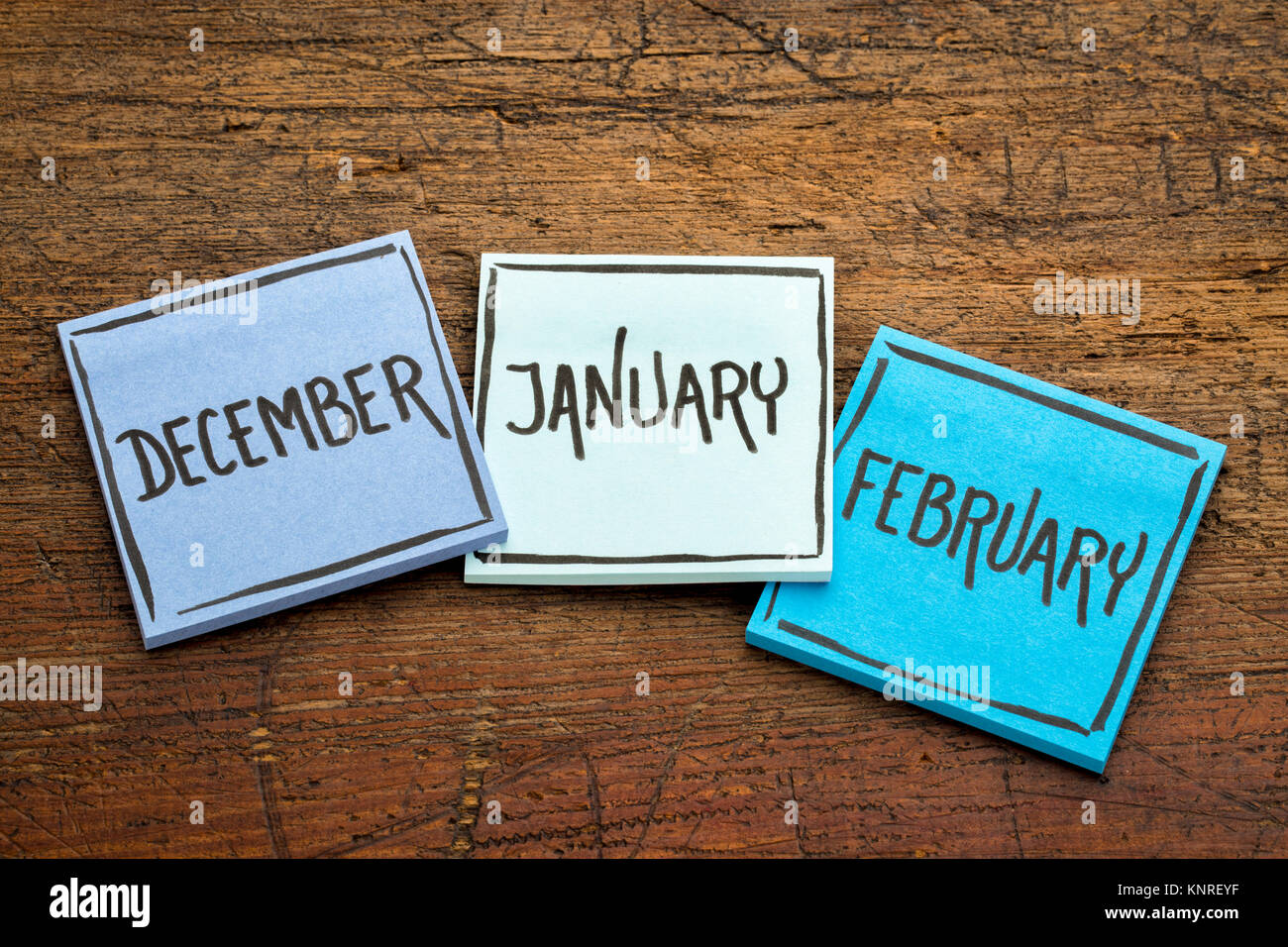 December, January and February - handwriting in black ink on sticky ...