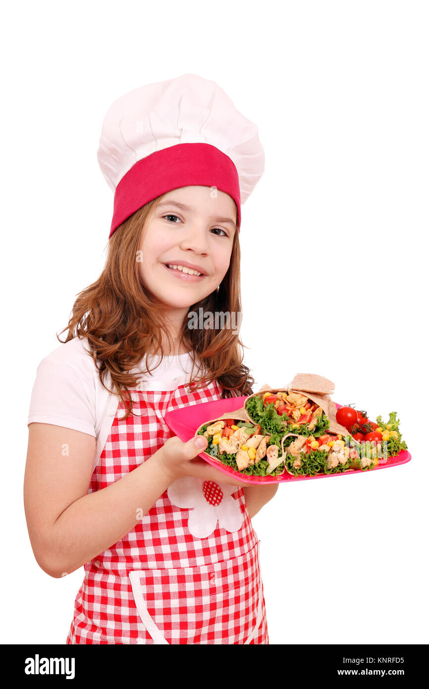 Happy little girl cook with burritos fast food Stock Photo - Alamy