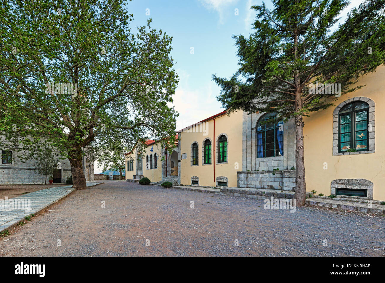 The central square of Dimitsana village in Arcadia, Peloponnese, Greece ...