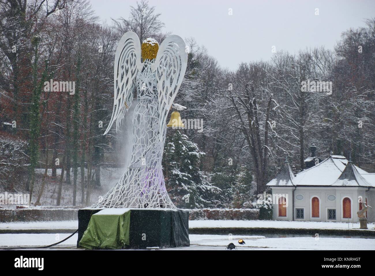 Christmas angel sculpture in the baroque park of Hellbrunn Palace, in ...